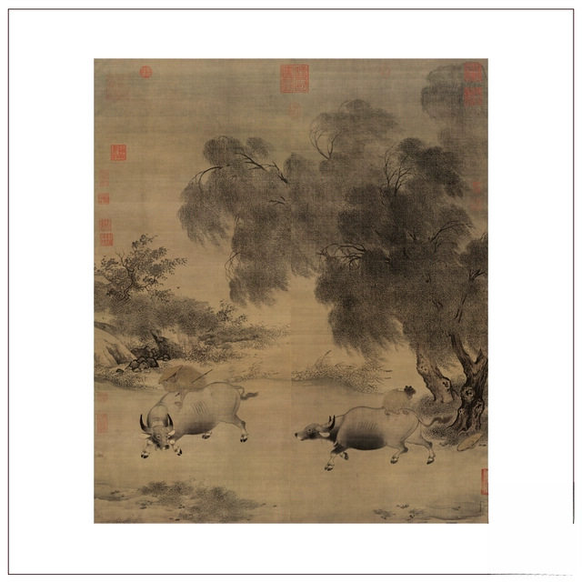 1:1南宋 李迪 风雨归牧图 国画山水人物画立轴挂画高清复制装饰画