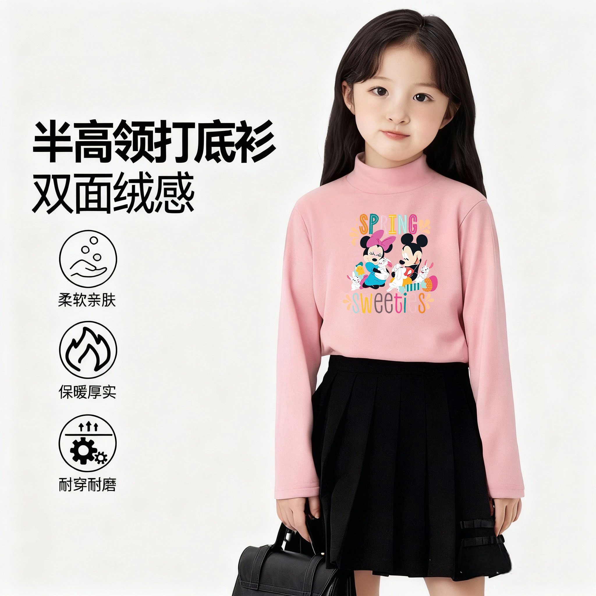 中大童女宝宝德绒打底衫自发热半高领洋气T恤加厚加绒保暖上衣服