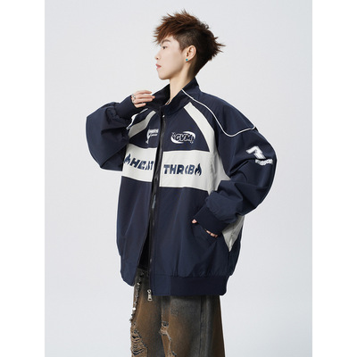 美式拼色印花立领机车夹克男大码