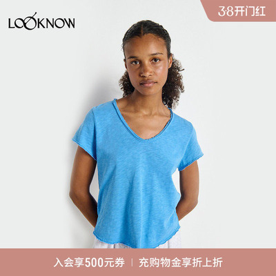 American Vintage设计师品牌LOOKNOW2025秋季多巴胺蓝色V领T恤女