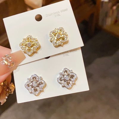 18k真金电镀菱形褶皱花朵锆石耳钉法式复古耳环轻奢感耳饰女