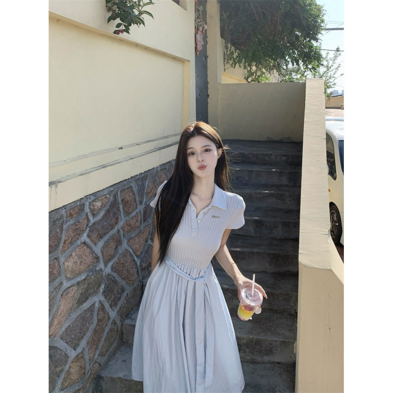 实拍女夏季气质设计感独特漂亮连衣裙蓝色大方短袖裙子