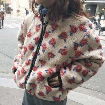【现货】韩国sienne外套2024冬季新款复古撞色玫瑰花摇颗粒绒拉链