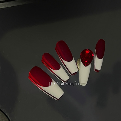 JQ.NAIL【 女王红】手工定制酒红色气质法式磨砂指甲贴片美甲穿