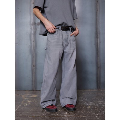 NTALK 手工刺绣珠帆纯棉雅灰色水洗猫须2021M微喇牛仔裤