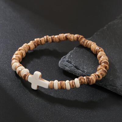 Cross Bracelet for Men椰壳木片松石十字架手链男嘻哈木头手环