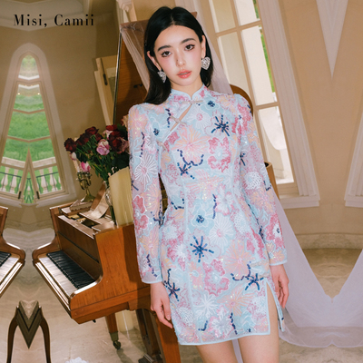 Misi,Camii珠片绣花长袖旗袍礼服