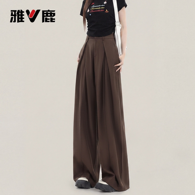 雅鹿咖色西装休闲裤女高腰阔腿裤