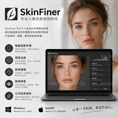 SkinFiner 5.72AI智能磨皮PS插件批量人像精修保留肤质细节中性灰