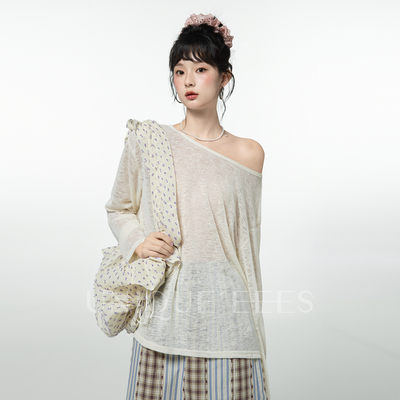 尢壹/UNIQUE'EEES【懒人B入】肌理亚麻一字领罩衫长袖T恤U5211033