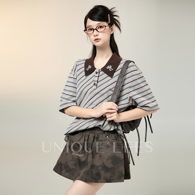 尢壹/UNIQUE'EEES 条纹拼接针织绣花poloT 恤U5211031
