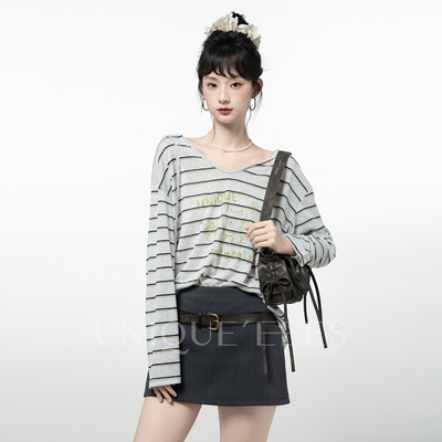 尢壹/UNIQUE'EEES 百搭帽领条纹印花罩衫T恤U5211024