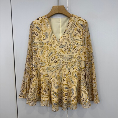 墨雪MX26288欧洲站时尚V领荷叶边腰果花减龄雪纺长袖衬衫上衣夏