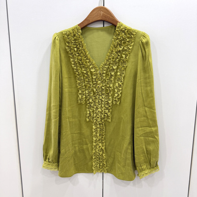 HY831欧洲站2026春轻奢风V领蕾丝拼接衬衫女长袖宽松舒适洋气上衣