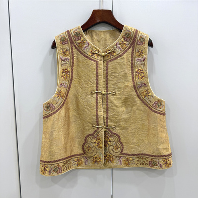 72262欧洲站2026春复古盘扣圆领轻奢刺绣人丝提花国风马甲外套女