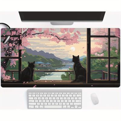 Cherry blossom and Black cat Mouse Pad large Desk Mat with S