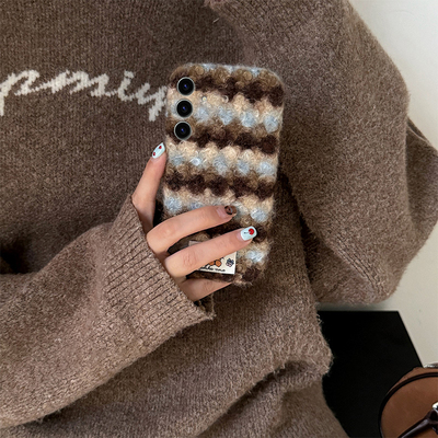 蓝棕撞色条纹kt猫适用三星s25edge手机壳s24plus贴纸s23+十s22卡通s21fe秋冬s20ultra毛绒s10软s9/s8/note20