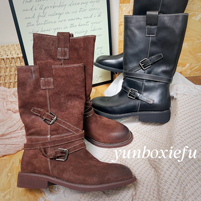 真皮皮带扣骑士靴女中筒机车靴复古西部靴马丁靴M638