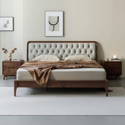 高箱储物真皮实木床1.8米双人床靠美北床黑胡桃木1.5米现代简约软