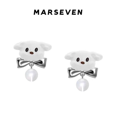 MARSEVEN 黑白小狗系列珍珠铃铛蝴蝶结白色小狗耳钉原创设计耳饰