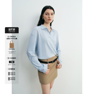 LYNEE Miu系翻领复古POLOT恤女 慵懒休闲百搭通勤基础款长袖上衣