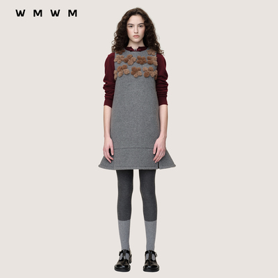 WMWM立体钉珠毛绒花背心连衣裙