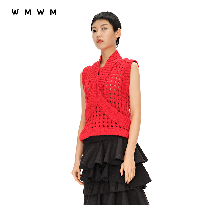 【WMWM】秋季新款休闲复古潮流趣味镂空挑洞螺纹针织马甲背心女_虎窝淘