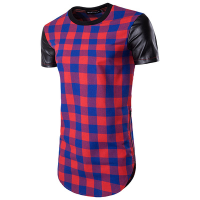 Men Hip Hop Tshirt Longline Street Style Plaid Top Tee Shirt