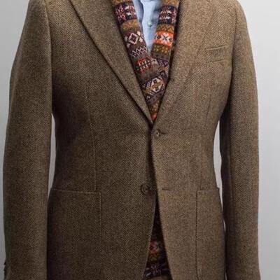 复古英伦粗花毛呢外套男 nick大叔wooster同款秋冬修身人字纹西服