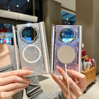 适用华为mateXTS三折叠屏手机壳时尚炫彩贝壳纹透明壳xts双磁吸双中轴防摔保护套MateXT新款磁吸后壳男女款