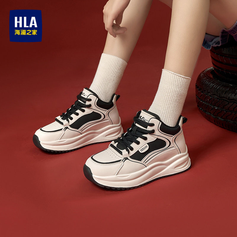 HLA/海澜之家高帮鞋女2025新款秋冬加绒保暖棉鞋厚底增高老爹鞋女