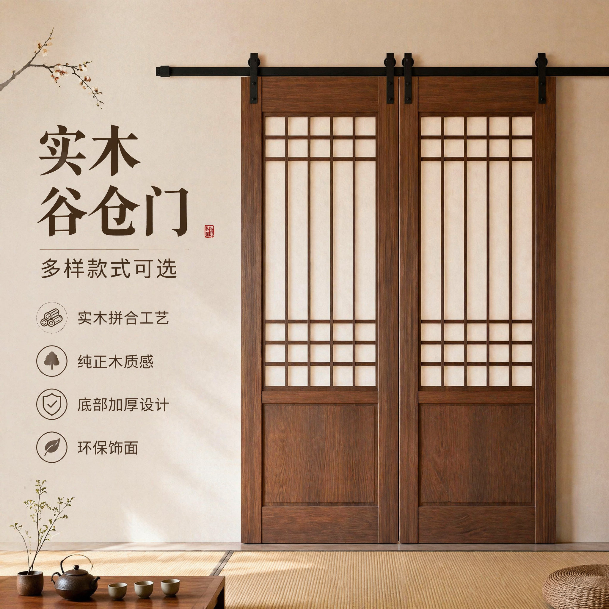 定制美式复古谷仓门实木门中古风卧室无轨幽灵门悬浮门日式推拉门