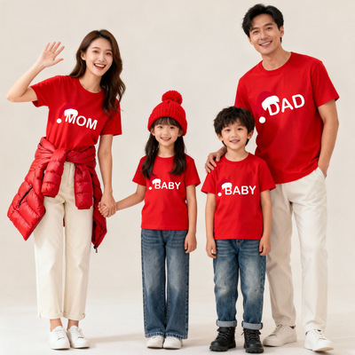 纯棉亲子装 ins速卖通爱心baby红色一家三四口短袖t恤亚马逊