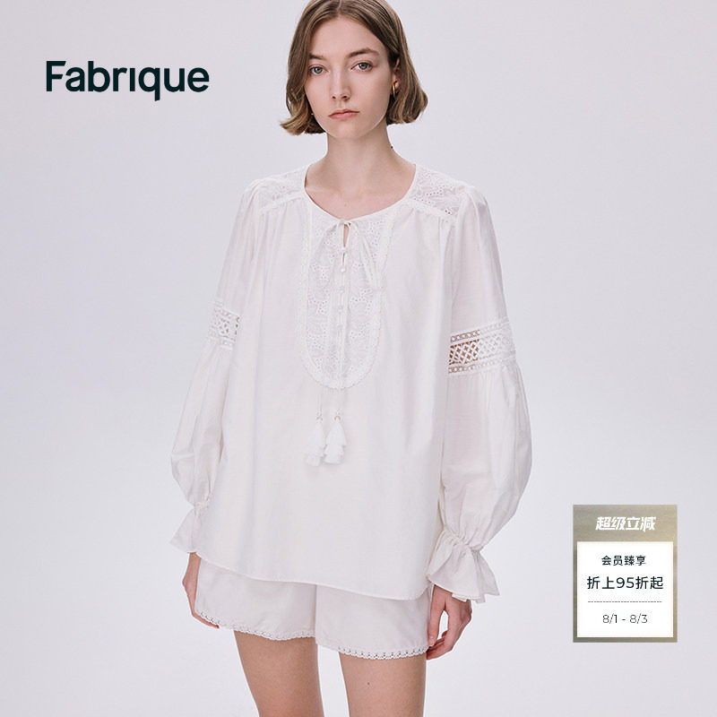 【刘亦菲同款】Fabrique镂空绣衬衫短裤套装女新款度假风蕾丝套装