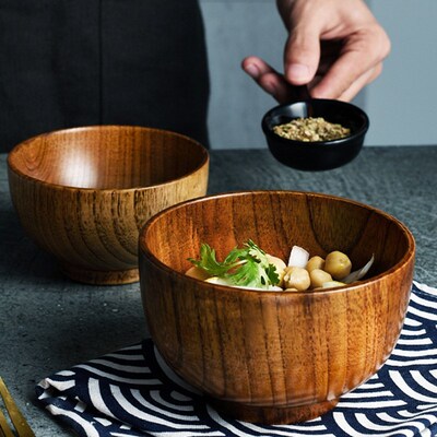 1Pc Wooden Bowl Japanese Style Wood Rice Soup Bowl Salad Bo