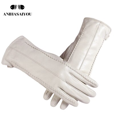 White leather women's gloves, Genuine Leather, cotton