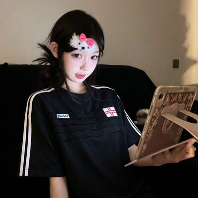 美式复古褶痕学院风短袖T恤正肩女夏季潮牌宽松刺绣条纹休闲上衣
