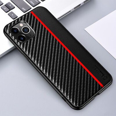 For IPhone 12 11 Pro Max Case Carbon Fiber PU Leather Shock