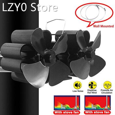 Wall Mouted Black Fireplace 8 Blade Heat Powered Stove Fan L