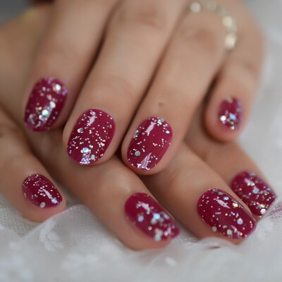 Deep Rose Red Press On Fingernails Mix Glitter Decoration O