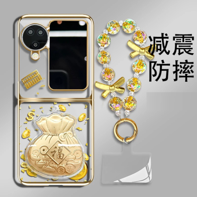 金箔福袋电镀透明折叠适用OPPOfindn3flip手机壳新款简约OPPOfindn2flip外壳防摔透明硬壳带支架保护壳女款