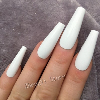 Extra Long White Fake Nails Coffin Plastics Glossy Press On