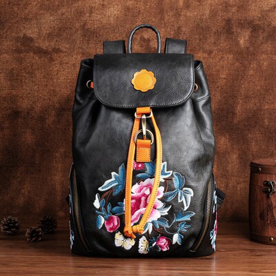 Johnature 2020 Autumn New Retro Embroidered Backpack Genuin