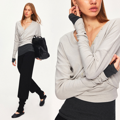 KVKV 羊毛肤感灰色拼接亲肤高弹V领纽扣撞色长袖瑜伽运动开衫