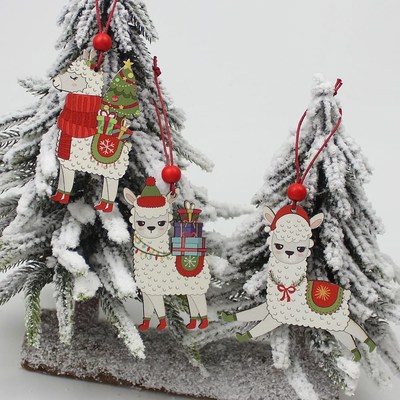 3Pcs Wooden Alpaca Christmas Pendants Ornaments Decoration