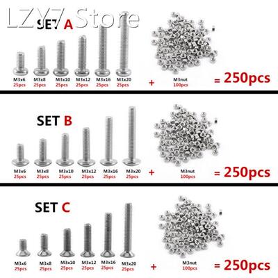 250Pcs/Set M3 304 Stainless Steel Screw & Bolt Hex Nuts