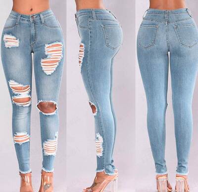 2023 Fashion elastic jeans ripped women ladies jeans pants女
