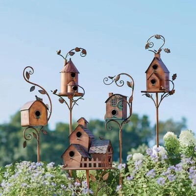 跨境爆款独立站金属鸟屋鸟舍Birdhouse Garden  Stakes户外庭院装