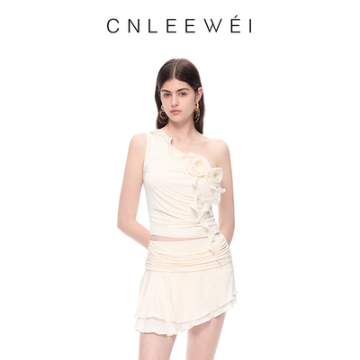 CNLEEWEI夏季新款斜肩露背修身短款立体玫瑰背心上衣海边度假风