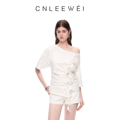 【陈丽君同款】CNLEEWEI25新款女不规则荷叶边玫瑰花修身斜肩T恤